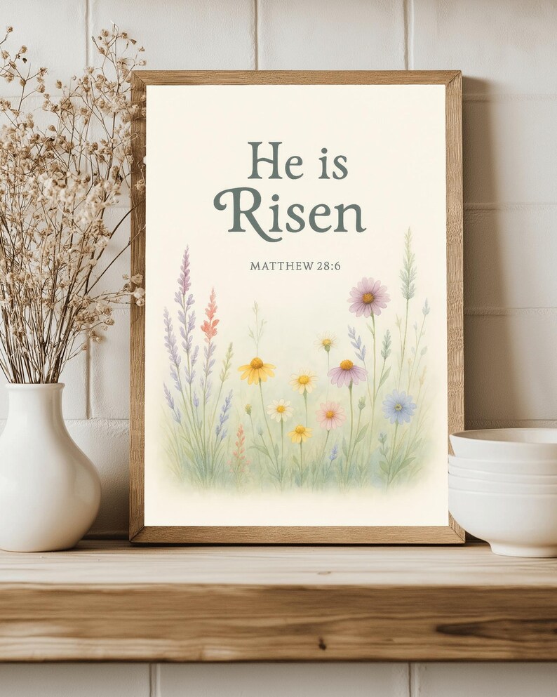 He is Risen Bible Verse Art - Matthew 28:6 Floral Christian Digital ...