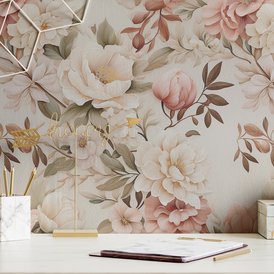 Wallpaper Vintage Pink Floral Retro Wall Decor Whimsical Botanical Wall ...
