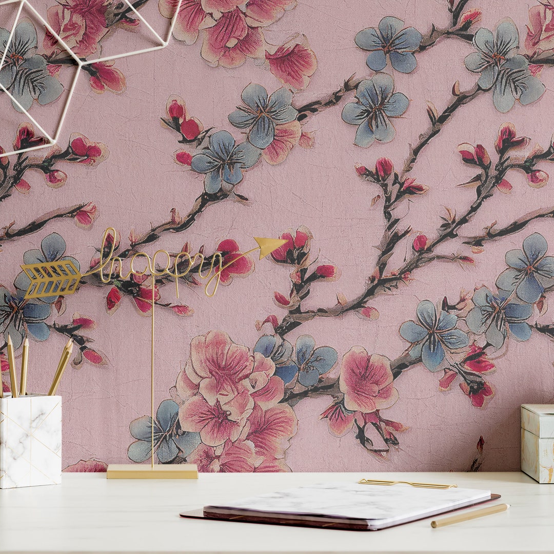 Wallpaper Colorful Pink Cherry Tree Vintage Chinoiserie Cherry Blossom ...