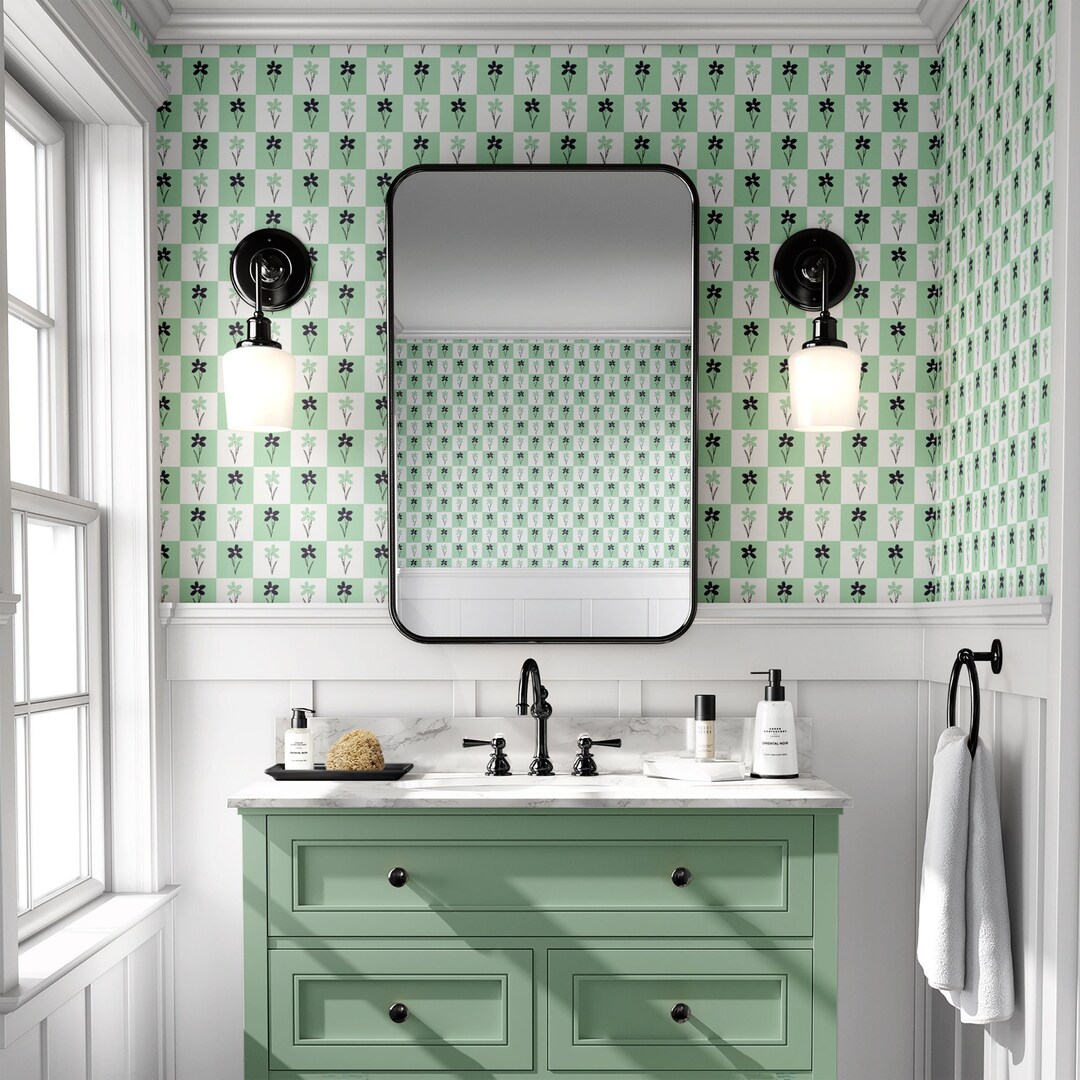 Wallpaper Funky Green Checker Colorful Wall Decor Floral Accent Renter ...