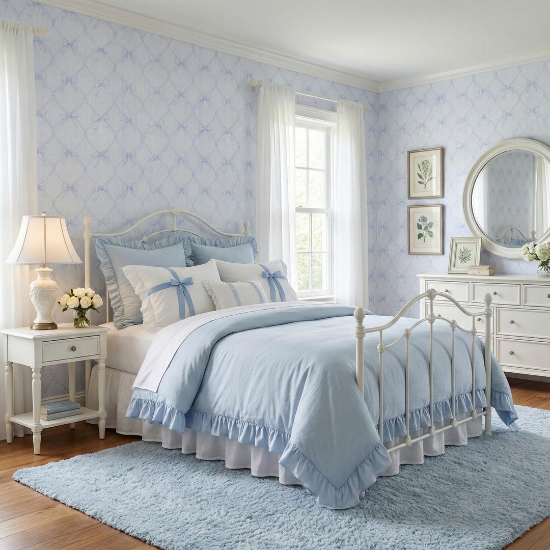 French Country Wallpaper Blue Ribbon Bow Cottage Nursery Trellis Wall ...