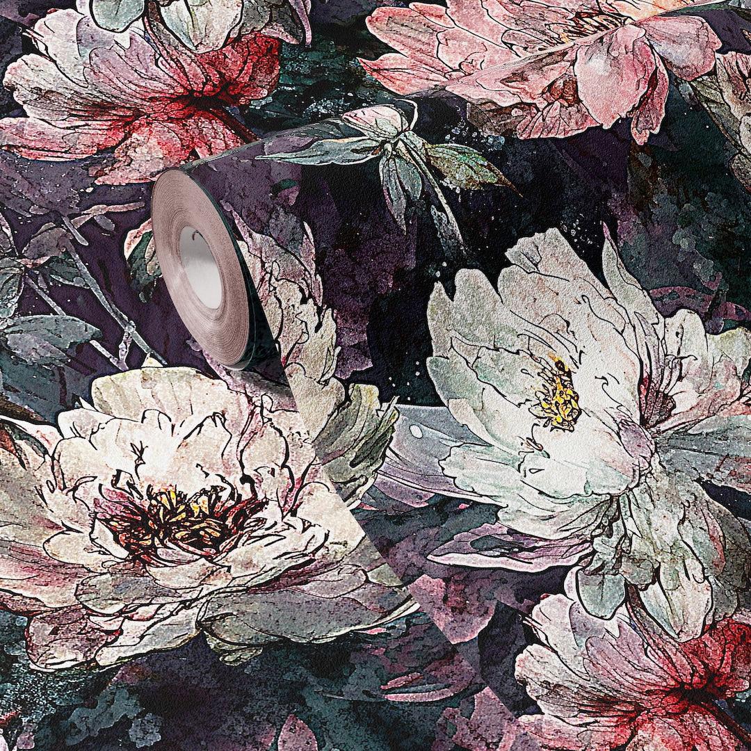 Dark Botanical Peony Wallpaper: Gothic Maximalist Wall Mural - Etsy