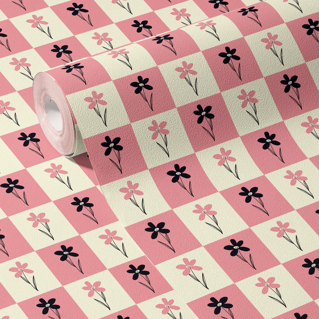 Wallpaper Funky Pink Checker Colorful Wall Decor Floral Accent Renter ...