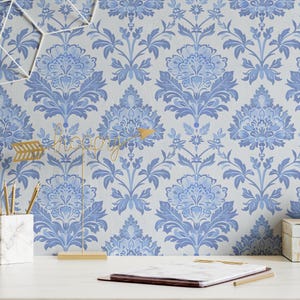 Wallpaper Vintage Whimsical Blue Victorian Accent Wall Decor Colorful Damask Removable Peel and ...