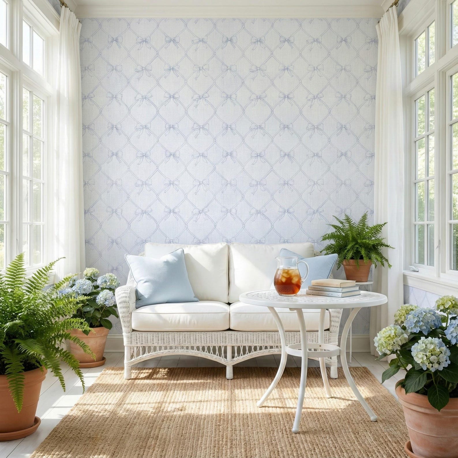 French Country Wallpaper Blue Ribbon Bow Cottage Nursery Trellis Wall ...