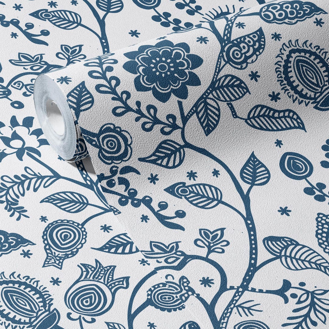 Wallpaper Whimsical Scandinavian Blue Floral Coastal Home Wall Decor ...