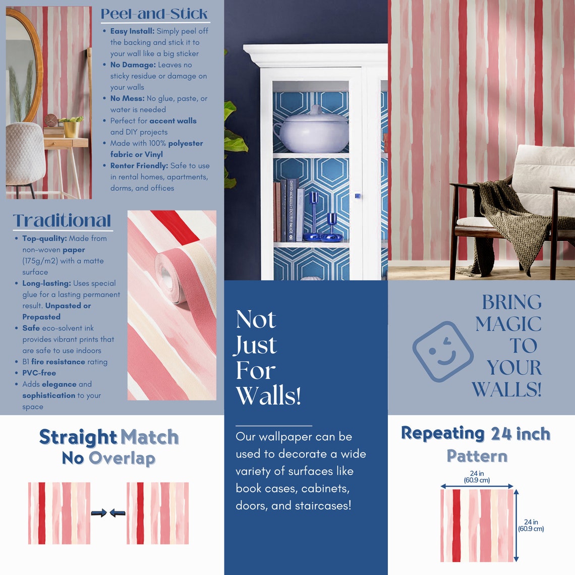 Wallpaper Vintage Pink Funky Stripe Wall Decor Colorful Cool - Etsy