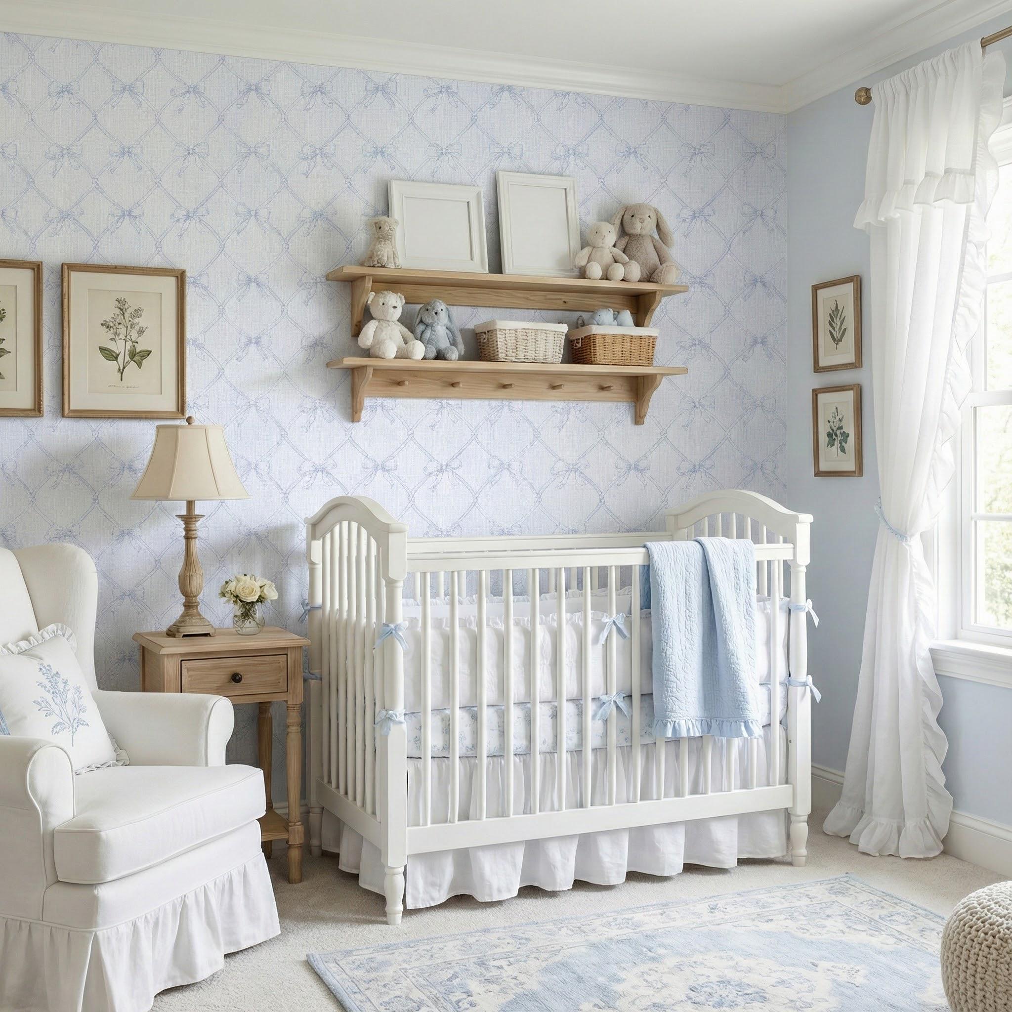 French Country Wallpaper Blue Ribbon Bow Cottage Nursery Trellis Wall ...
