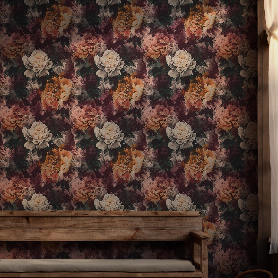 Buy Gothic Peony Wallpaper Vintage Dark Floral Wall Decor Peel and ...