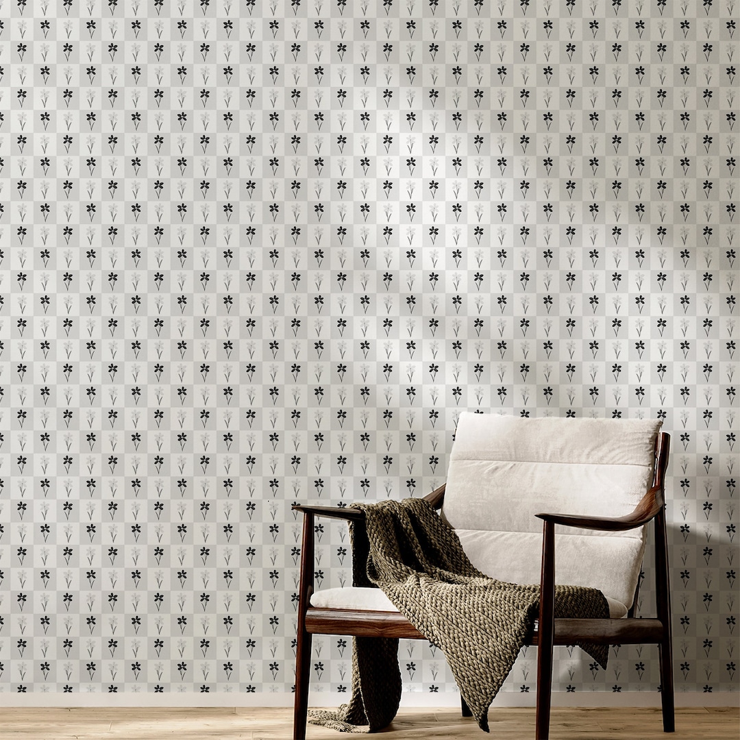 Wallpaper Funky Black and White Checker Wall Decor Floral Accent Renter ...