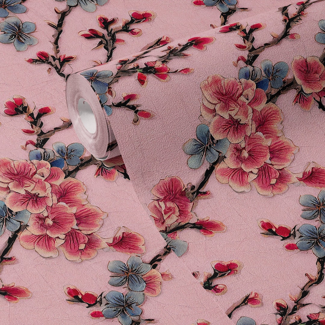 Wallpaper Pink Cherry Tree Vintage Chinoiserie Cherry Blossom Colorful ...