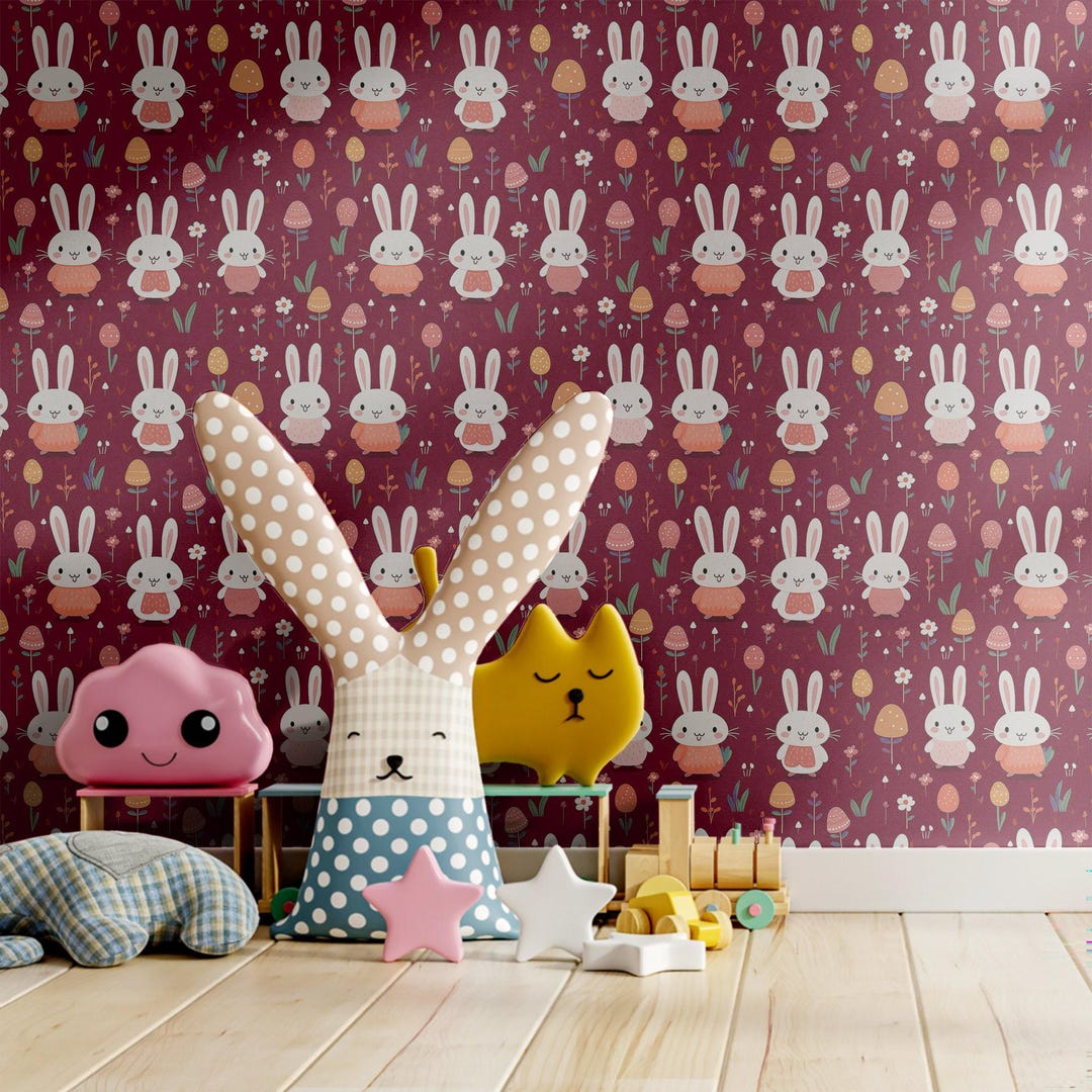 Wallpaper Fun Whimsical Bunny Rabbit Wallpaper Mural Luxury Playroom ...