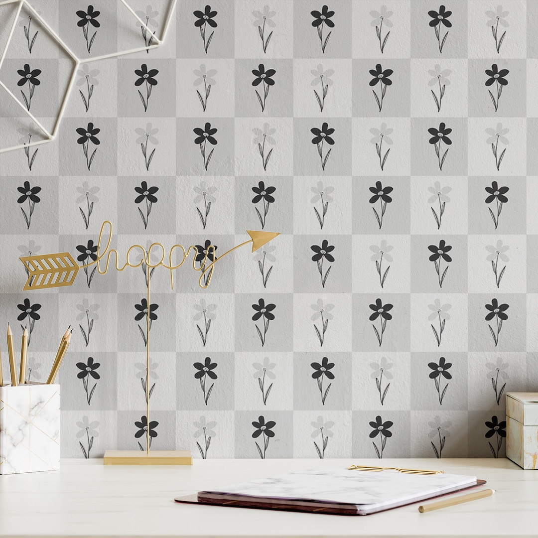 Wallpaper Funky Black and White Checker Wall Decor Floral Accent Renter ...