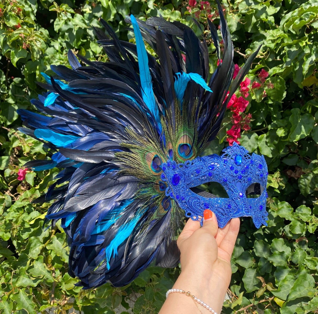 Blue Feather Mask, Lace Masquerade Mask With Side Feather, Rhinestone ...