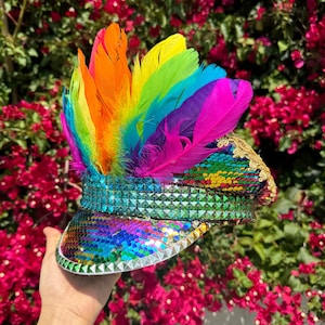 Rainbow Rave Captain Style Hat With Feathers, Mardi Gras Captain Hat ...