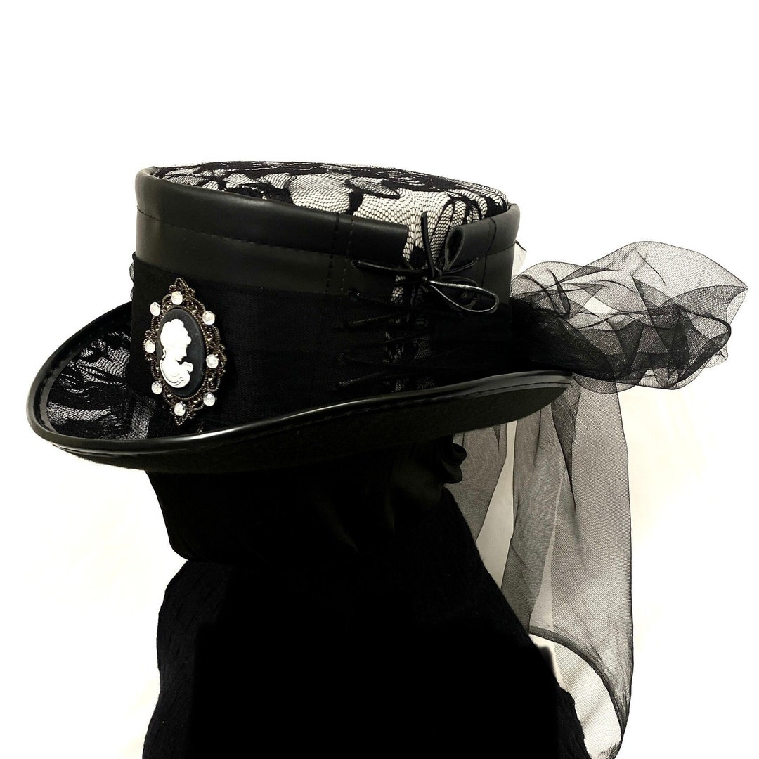 Black Steampunk Gothic Style Hat, Victorian Black Faux Leather With ...