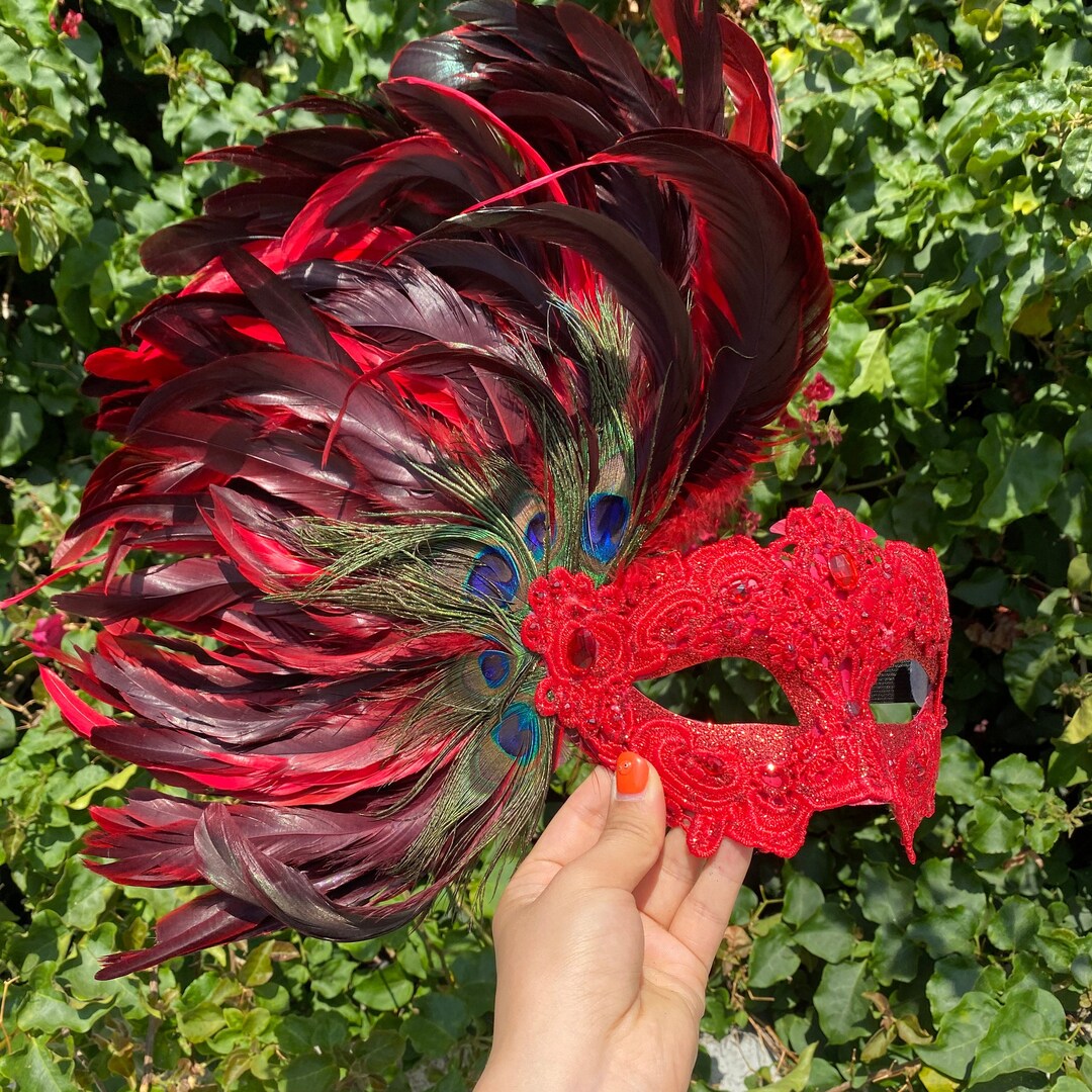 Red Feather Mask Lace Masquerade Mask With Side Feather - Etsy