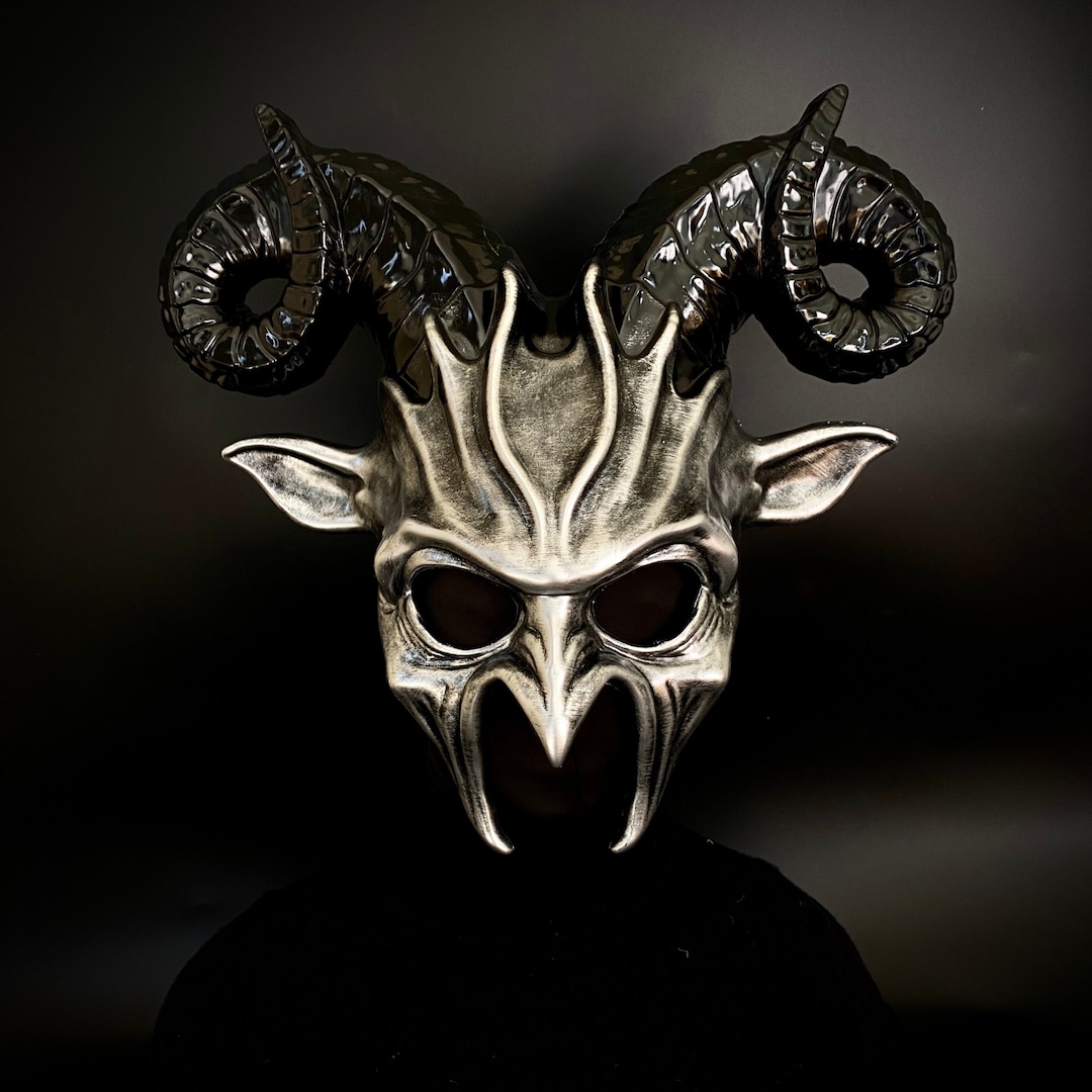 Silver Devil Ram Goat Horns Mask, Half Face Masquerade Mask, Ghost ...