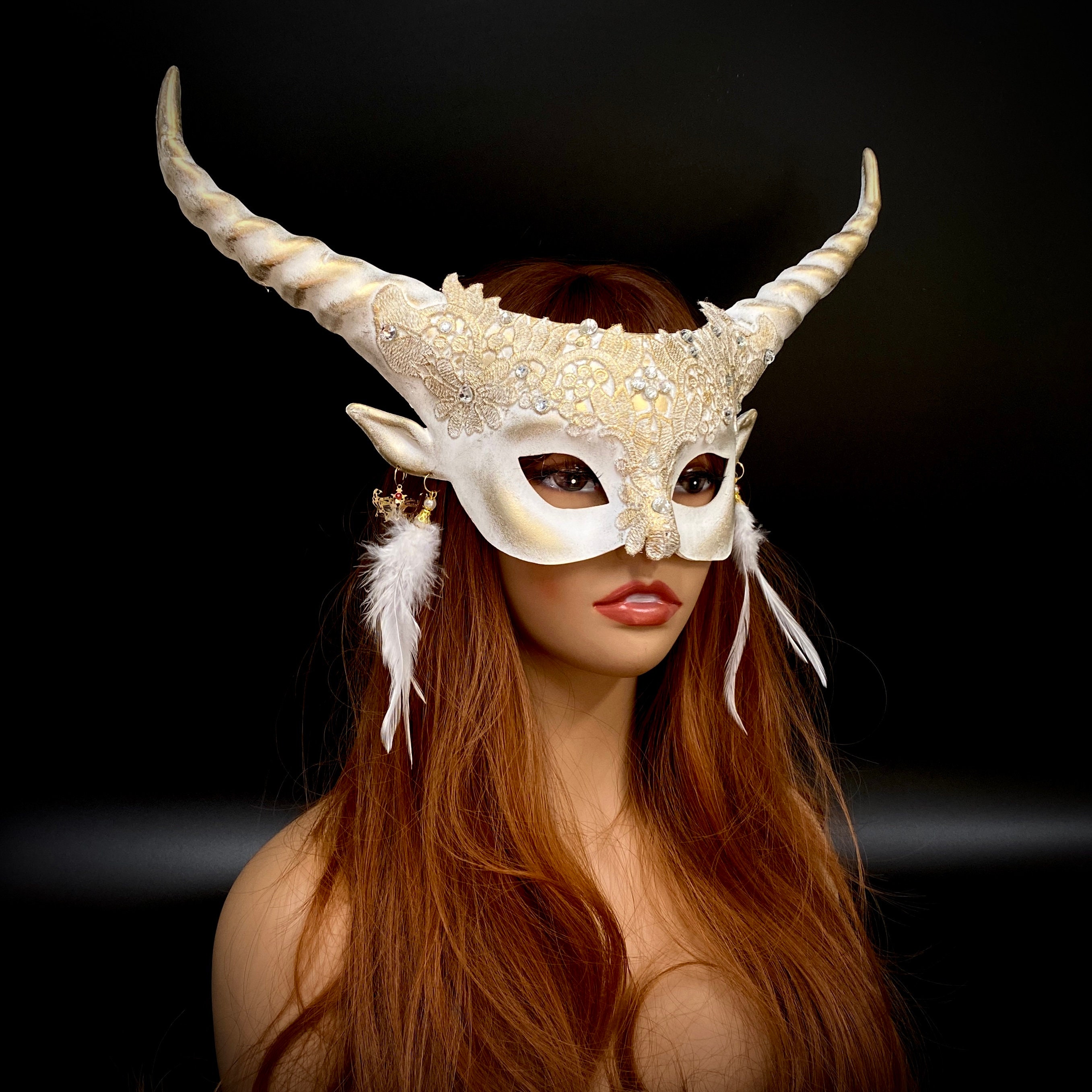 White Masquerade Mask With Horns Fairy Ram Horns Mask - Etsy