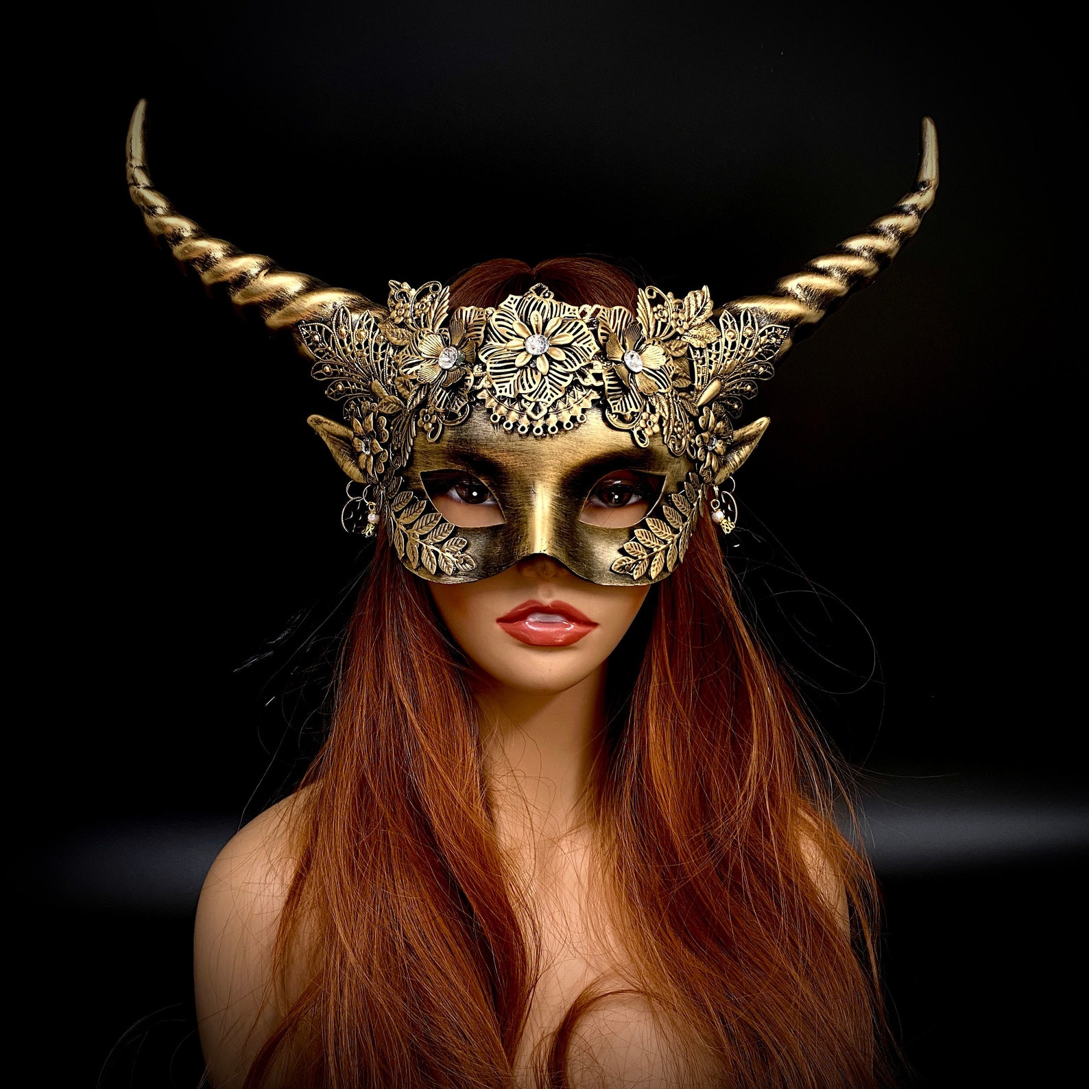 Gold Metallic Masquerade Mask With Horns, Fairy Ram Horns Mask, Antlers ...