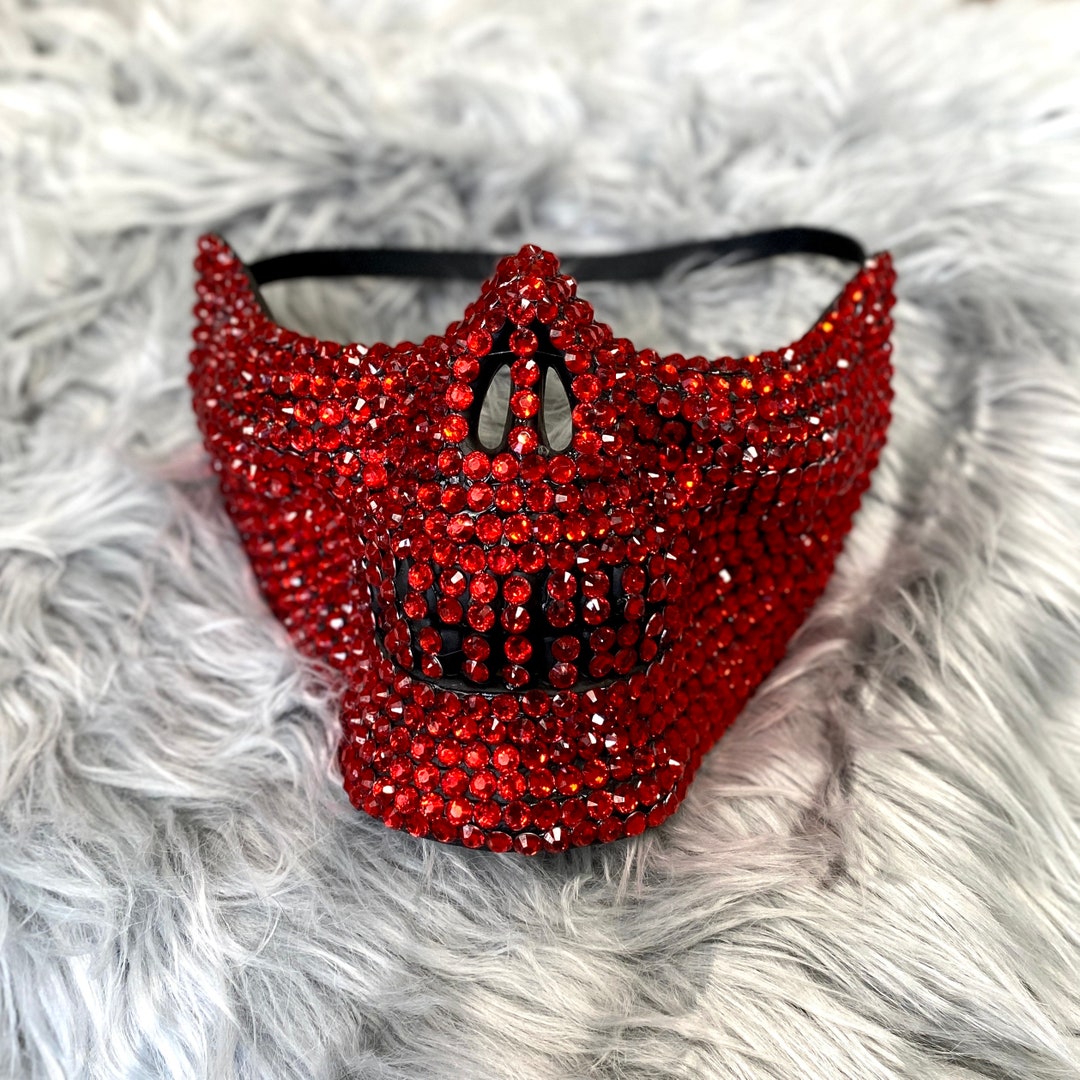 Red Rhinestone Skull Half Face Mask, Steampunk Masquerade Rhinestone ...