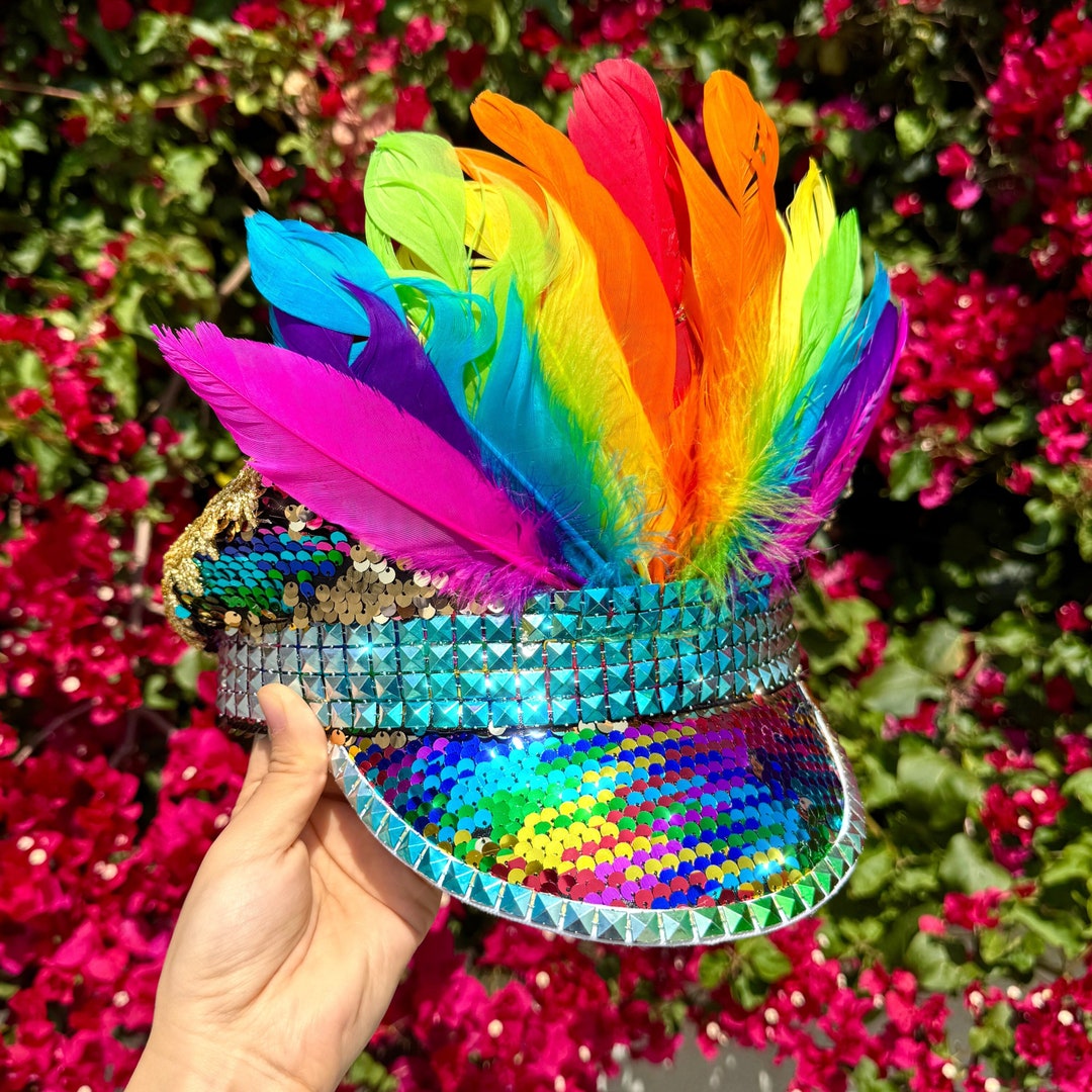 Rainbow Rave Captain Style Hat With Feathers, Mardi Gras Captain Hat ...