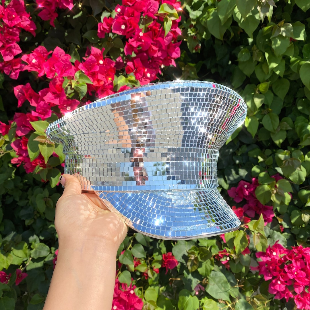Silver Disco Ball Captain Style Hat, Rave Mirror Sequin Hat, Military ...