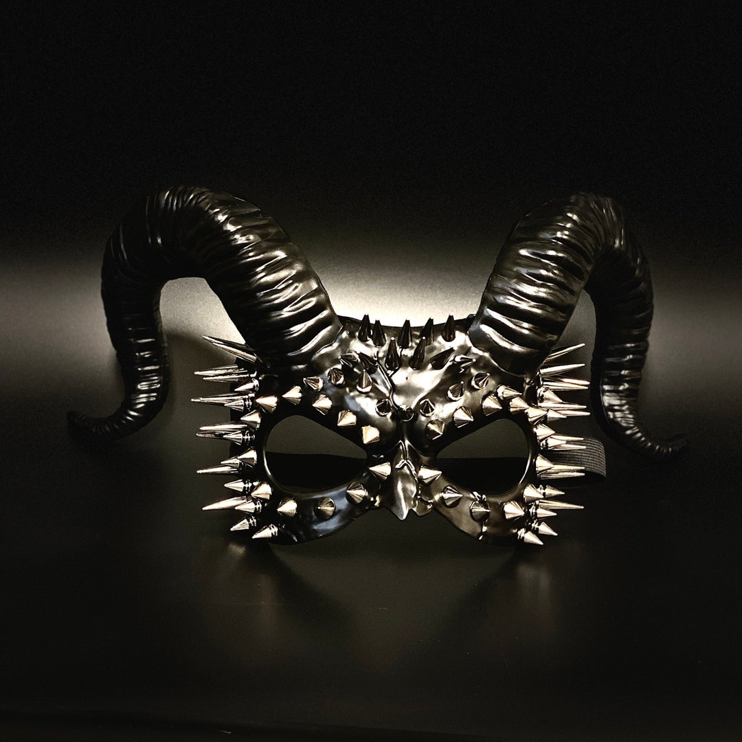 Black Devil Ram Horns Mask With Spike, Half Face Masquerade Mask, Spike ...