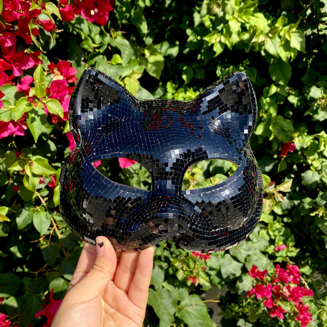 Black Disco Ball Mirror Cat Face Mask, Animal Face Mask With Mirror ...
