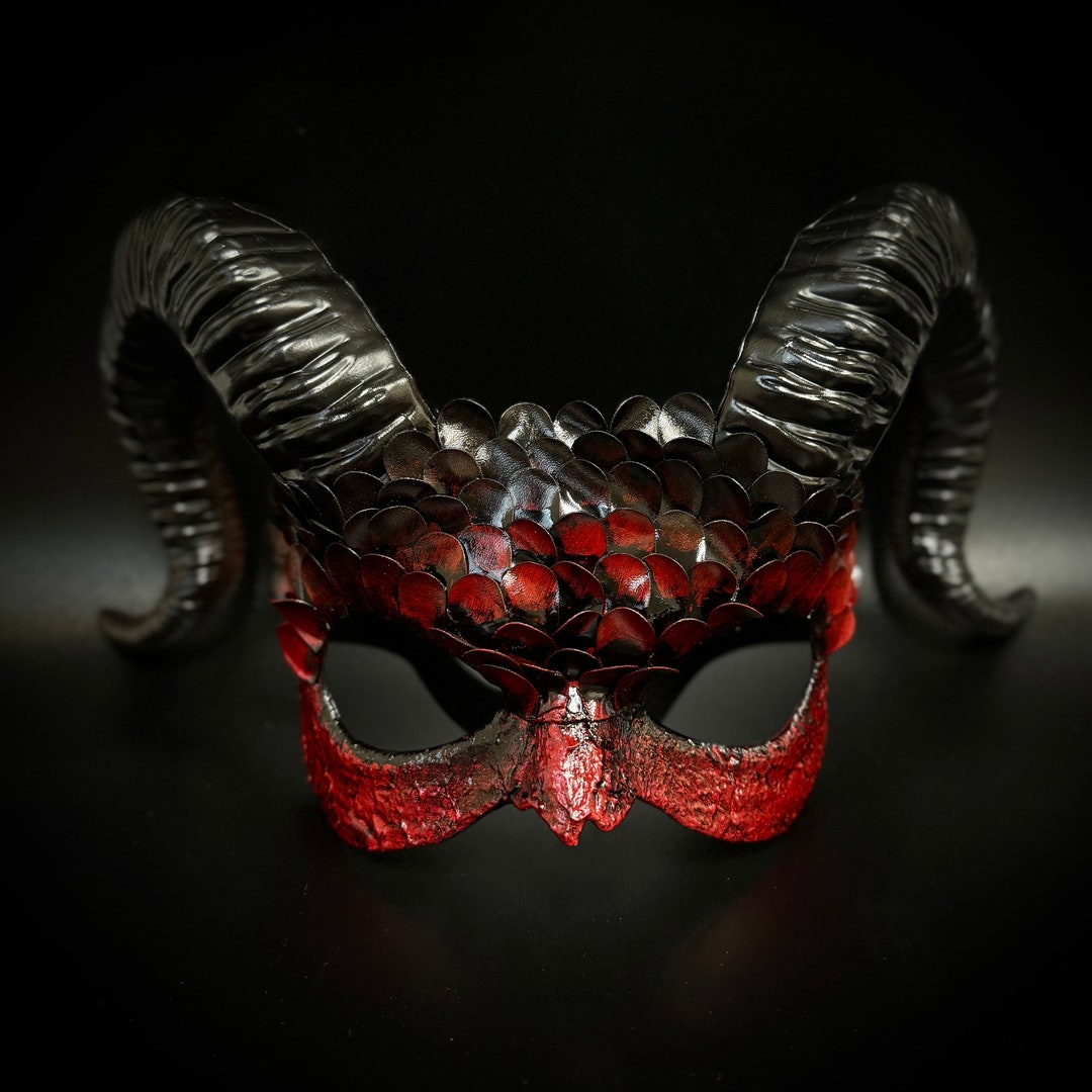 Black Red Devil Ram Horns Mask With Scales, Demon Horn Masquerade Mask ...