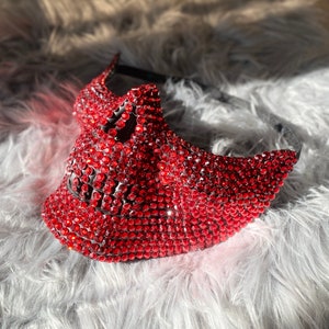 Red Rhinestone Skull Half Face Mask, Steampunk Masquerade Rhinestone ...