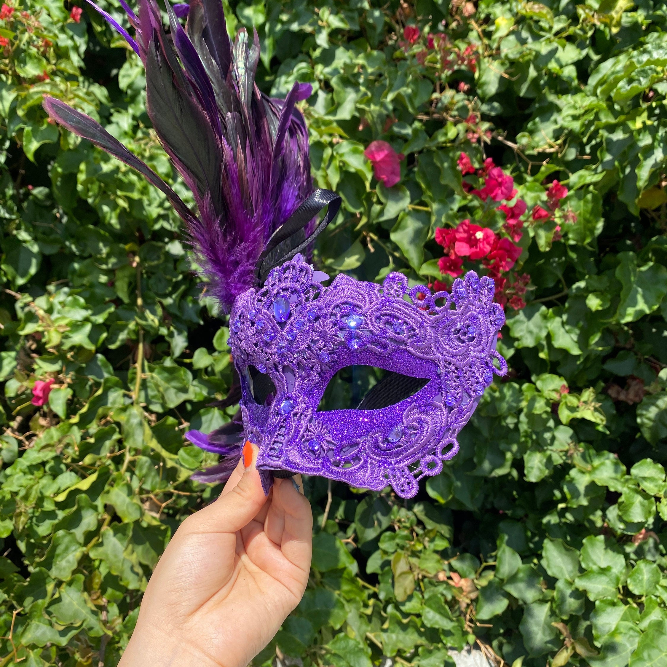 Purple Feather Mask Lace Masquerade Mask With Side Feather - Etsy