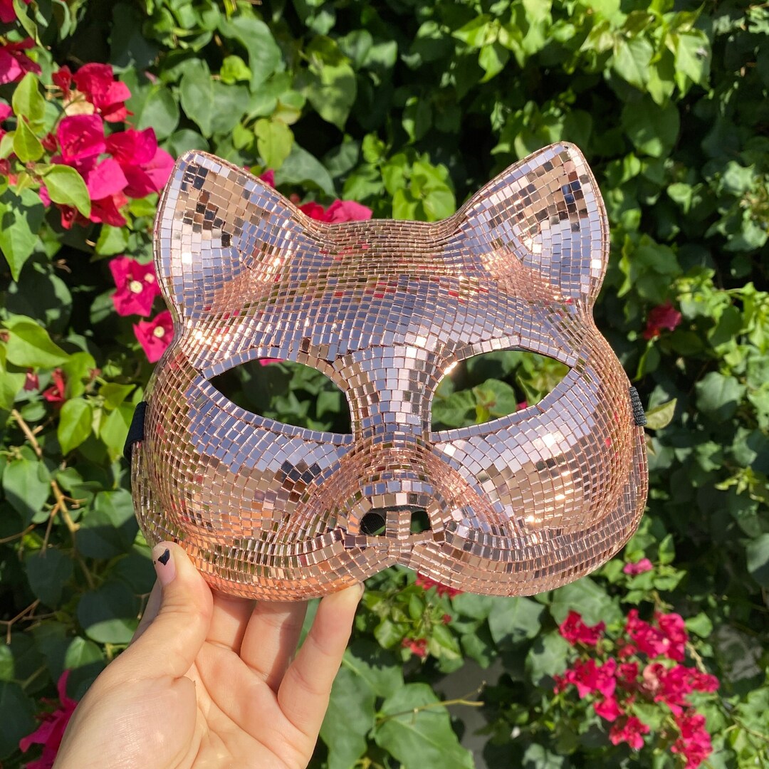 Rose Gold Disco Ball Mirror Cat Face Mask, Animal Face Mask With Mirror ...