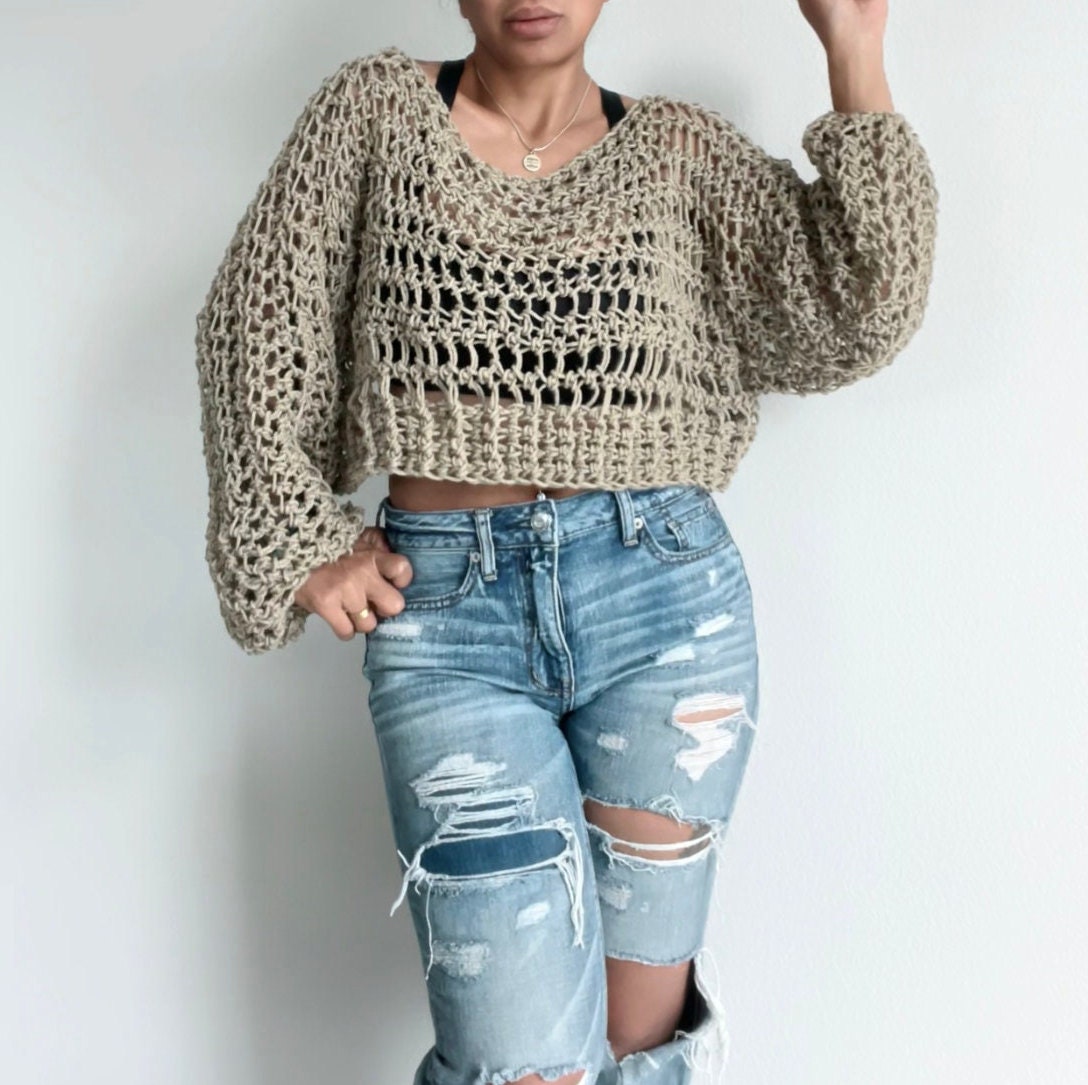 Crochet Crop Sweater . Jamaican Summer Fishnet Crochet Sweater . Mesh ...