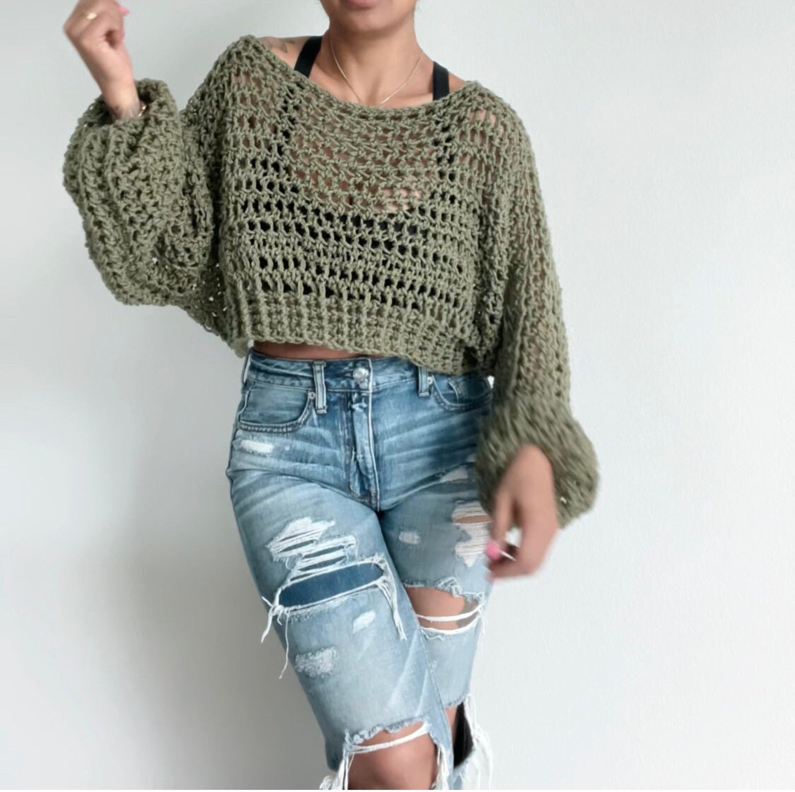 Crochet Crop Sweater . Fishnet Crochet Sweater . Mesh Crochet Crop ...