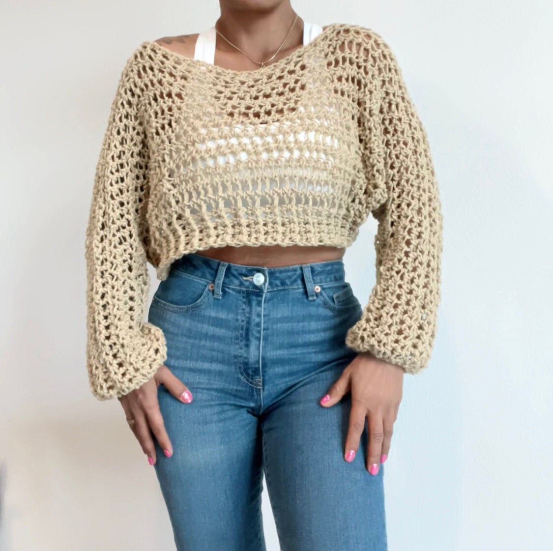 Crochet Crop Sweater . Fishnet Crochet Sweater . Mesh Crochet Crop ...