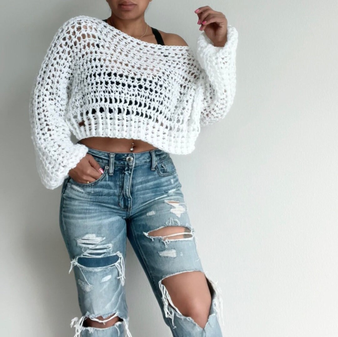 Crochet Crop Sweater . Fishnet Crochet Sweater . Mesh Crochet Crop ...