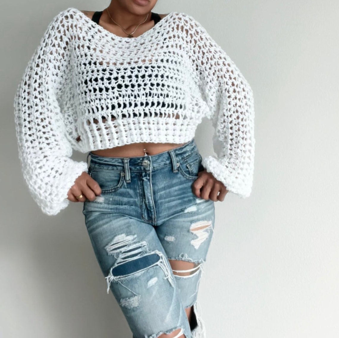 Crochet Crop Sweater . Fishnet Crochet Sweater . Mesh Crochet Crop ...