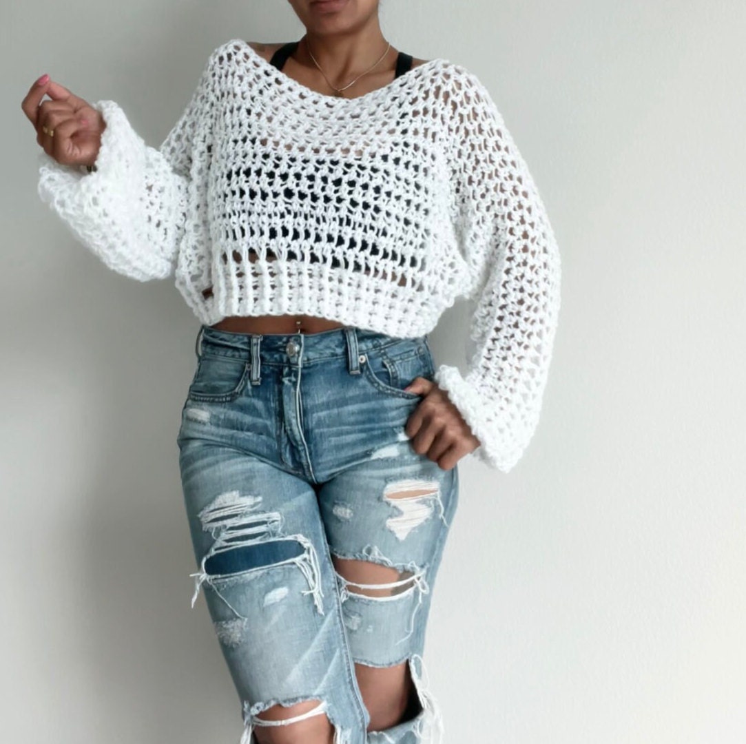 Crochet Crop Sweater . Fishnet Crochet Sweater . Mesh Crochet Crop ...