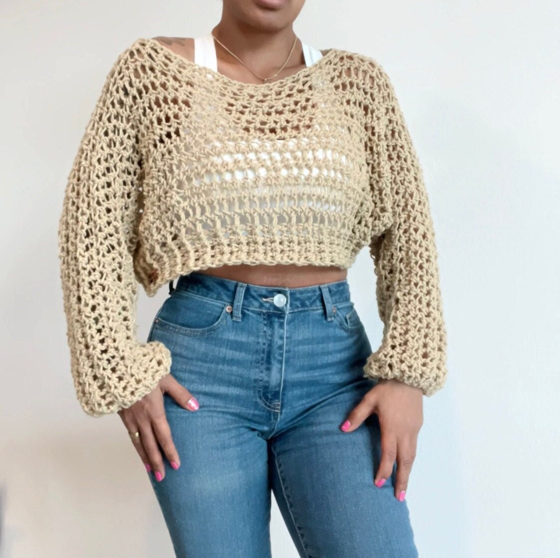 Crochet Crop Sweater . Fishnet Crochet Sweater . Mesh Crochet Crop ...