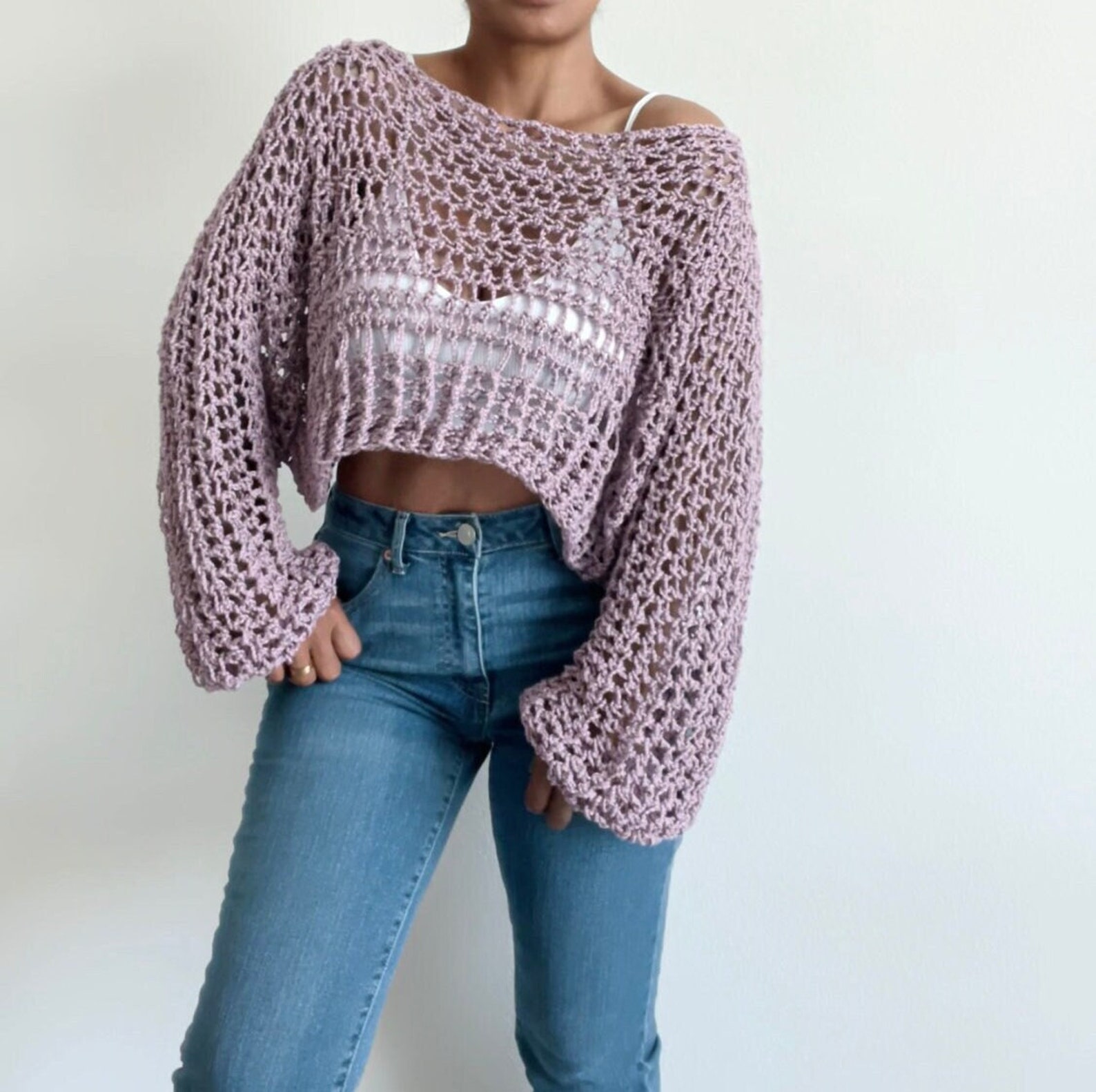 Crochet Crop Sweater . Fishnet Crochet Sweater . Mesh Crochet Crop ...