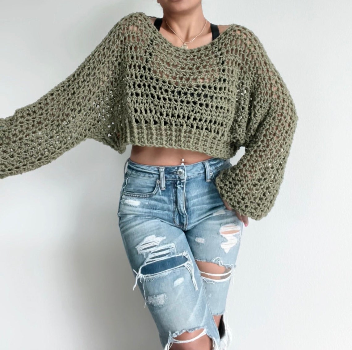 Crochet Crop Sweater . Fishnet Crochet Sweater . Mesh Crochet Crop ...