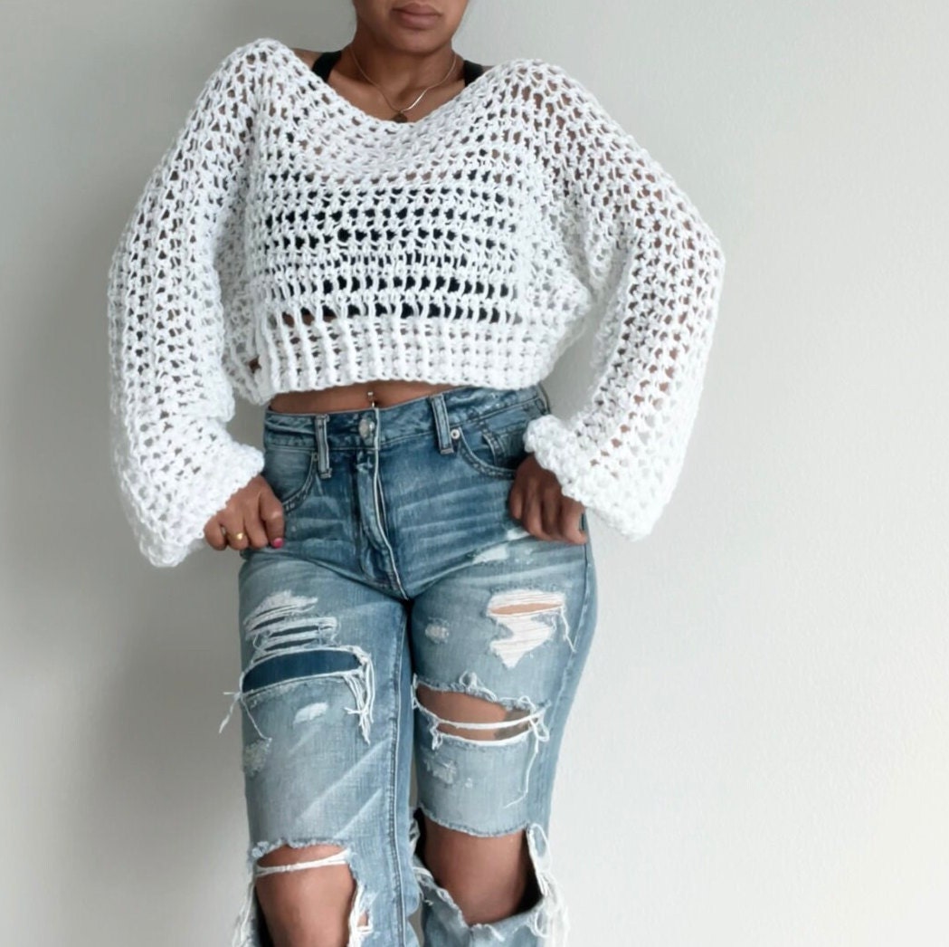 Crochet Crop Sweater . Fishnet Crochet Sweater . Mesh Crochet Crop ...