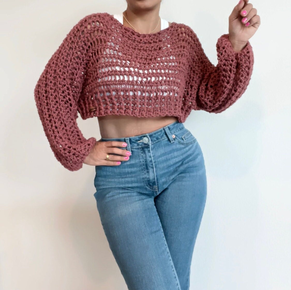 Crochet Crop Sweater . Fishnet Crochet Sweater . Mesh Crochet Crop ...