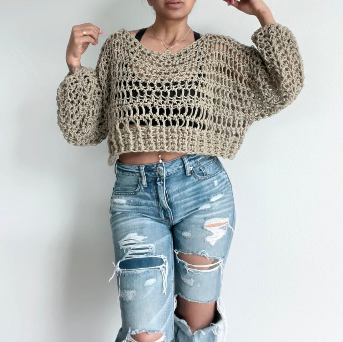 Crochet Crop Sweater . Jamaican Summer Fishnet Crochet Sweater . Mesh ...