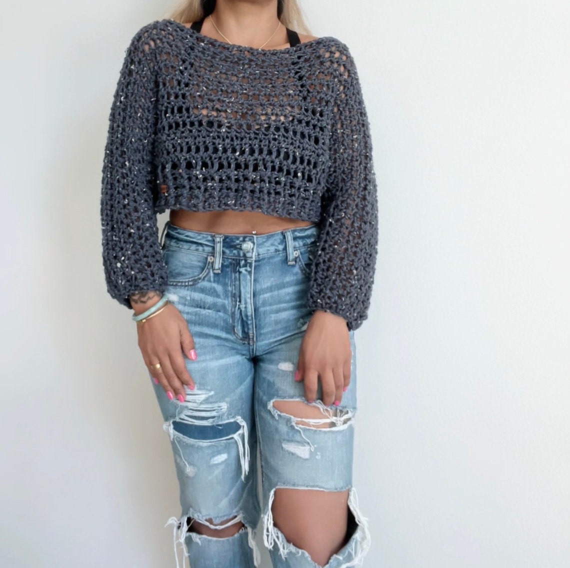 Crochet Crop Sweater . Fishnet Crochet Sweater . Mesh Crochet Crop ...