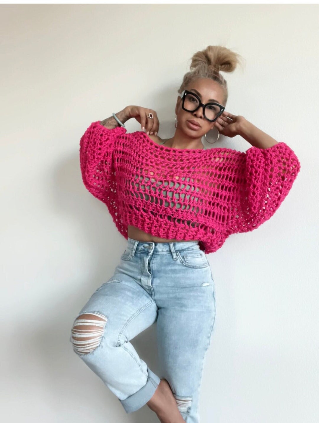 Crochet Crop Sweater . Fishnet Crochet Sweater . Mesh Crochet Crop ...