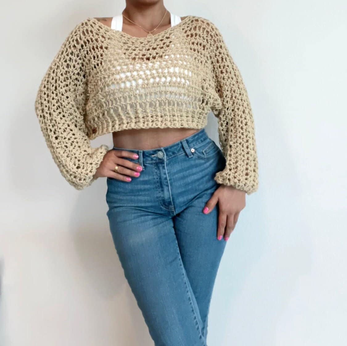 Crochet Crop Sweater . Fishnet Crochet Sweater . Mesh Crochet Crop ...
