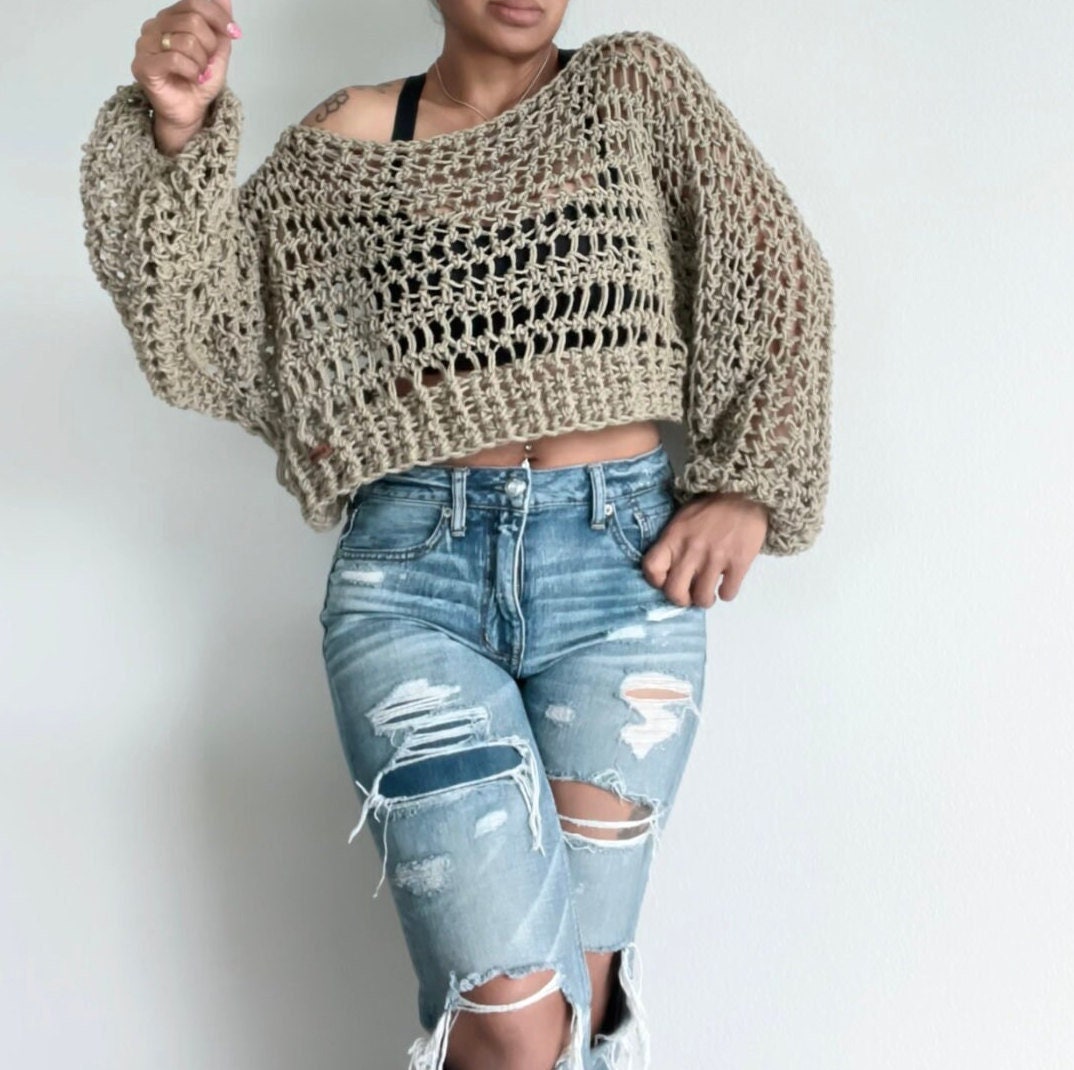 Crochet Crop Sweater . Jamaican Summer Fishnet Crochet Sweater . Mesh ...