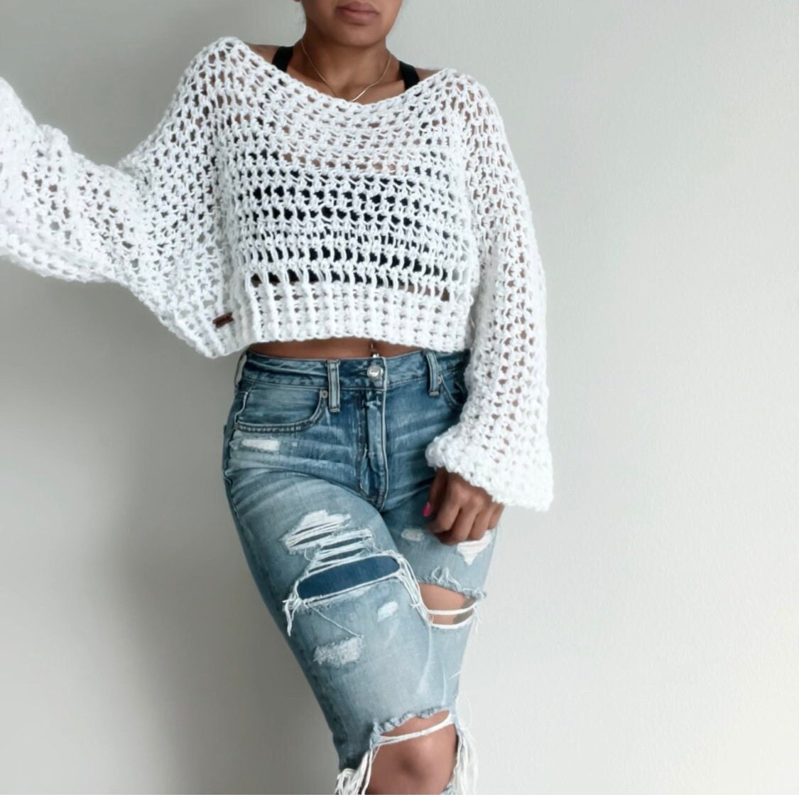 Crochet Crop Sweater . Fishnet Crochet Sweater . Mesh Crochet Crop ...